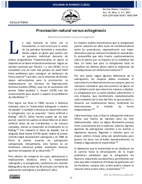 (PDF) Procreación Natural versus ectogénesis