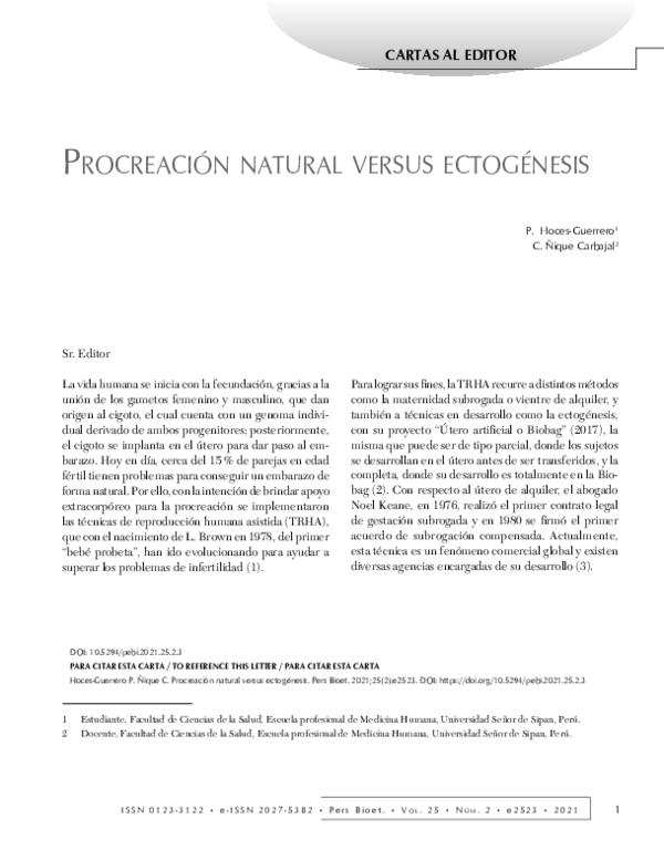 (PDF) Procreación natural versus ectogénesis