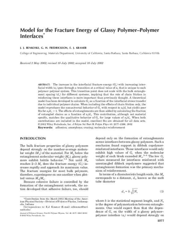 (PDF) Model for the fracture energy of glassy polymer-polymer interfaces
