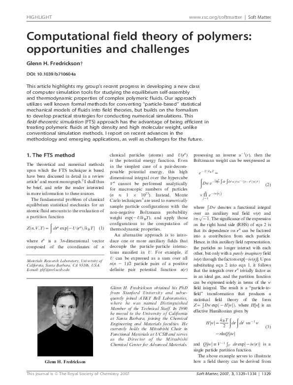 (PDF) Computational field theory of polymers: opportunities and challenges