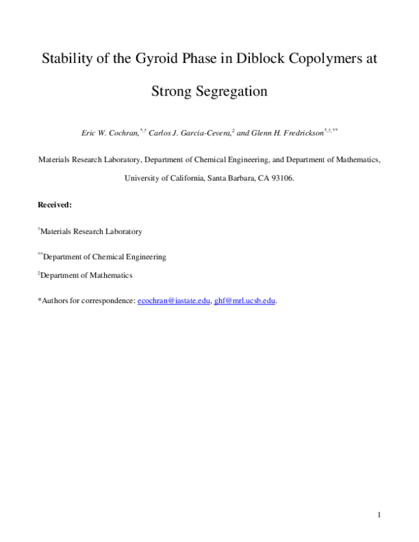 (PDF) 1 Stability of the Gyroid Phase in Diblock Copolymers at Strong