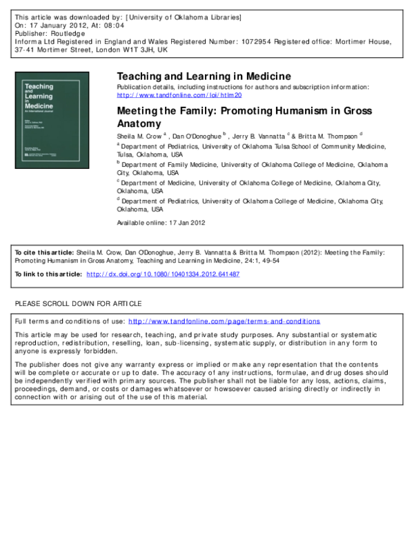 (PDF) Meeting the Family: Promoting Humanism in Gross Anatomy