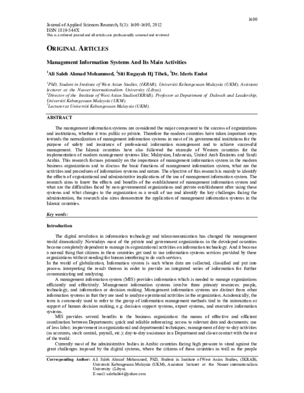 (PDF) ORIGINAL ARTICLES Management Information Systems And Its Main Activities