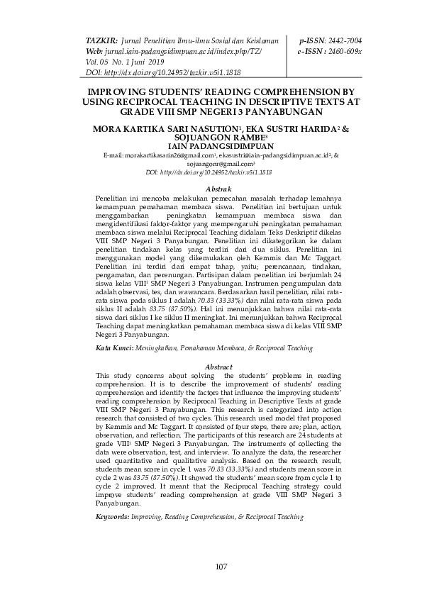 (PDF) Improving Students’ Reading Comprehension by Using Reciprocal Teaching in Descriptive ...