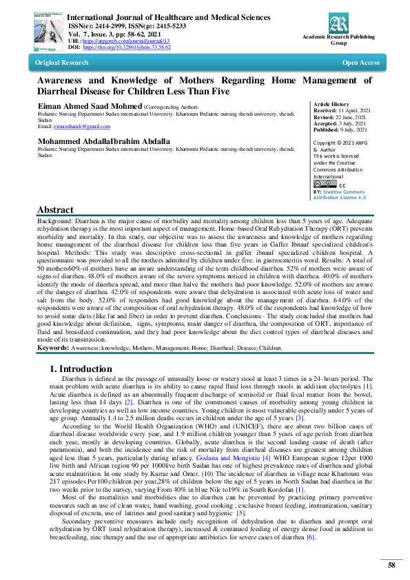 (PDF) Awareness and Knowledge of Mothers Regarding Home Management of ...