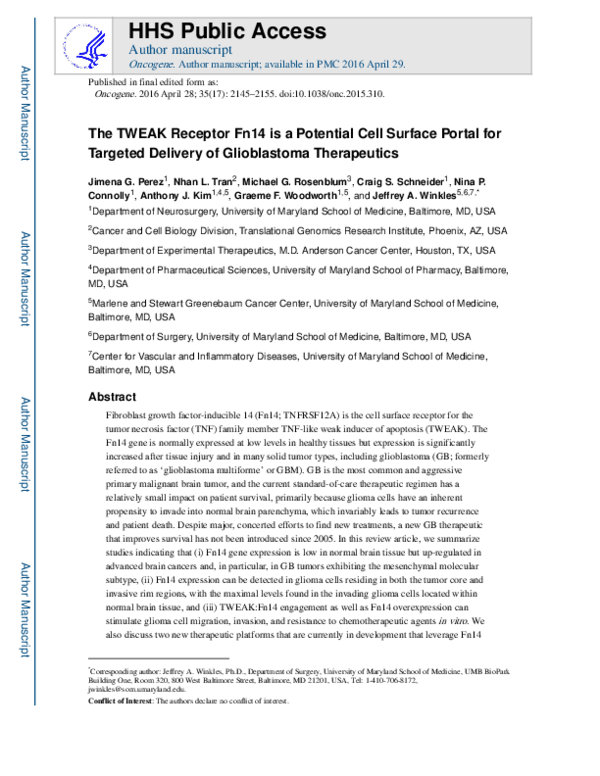 (PDF) The TWEAK receptor Fn14 is a potential cell surface portal for ...