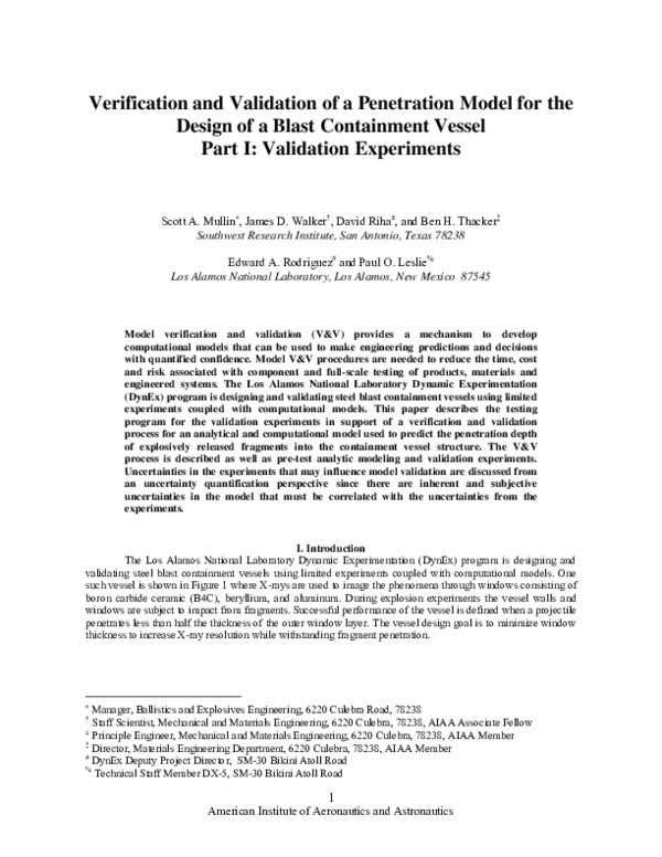 (PDF) Verification and Validation of a Penetration Model for the Design of a Blast Containment ...