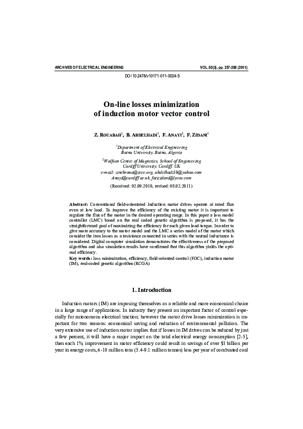 Pdf On Line Losses Minimization Of Induction Motor Vector Control Bachir Abdelhadi