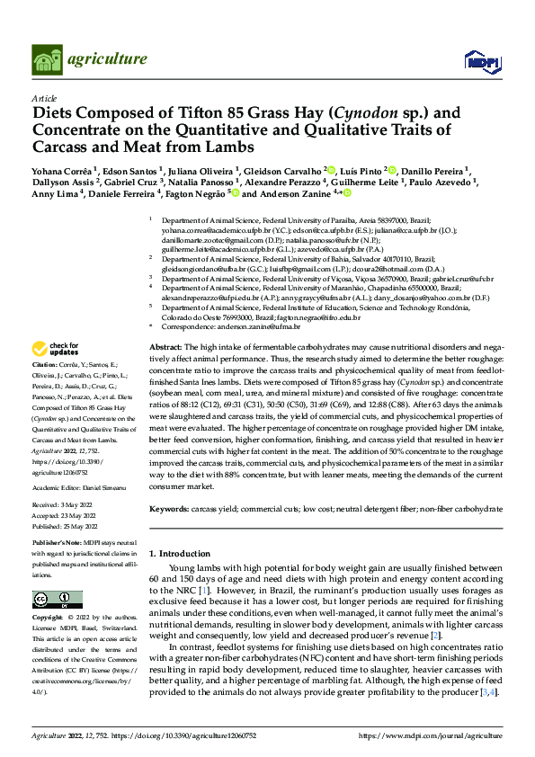(PDF) Diets Composed of Tifton 85 Grass Hay (Cynodon sp.) and ...