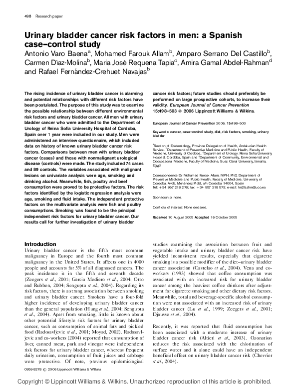 (PDF) Urinary bladder cancer risk factors in men: a Spanish case ...