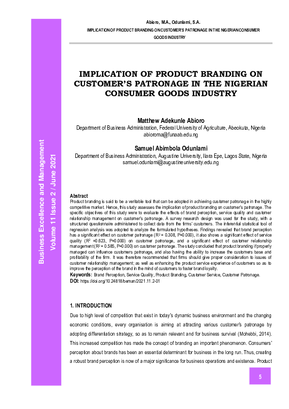 (PDF) Implication of Product Branding on Customer’s Patronage in the ...
