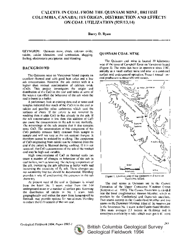 (PDF) CALCITE IN COAL FROM THE QUINSAM MINE, BRITI!iH COLUMBIA, CANADA ...
