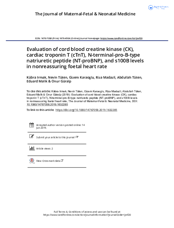(PDF) Evaluation of cord blood creatine kinase (CK), cardiac troponin T (cTnT), N-terminal-pro-B ...