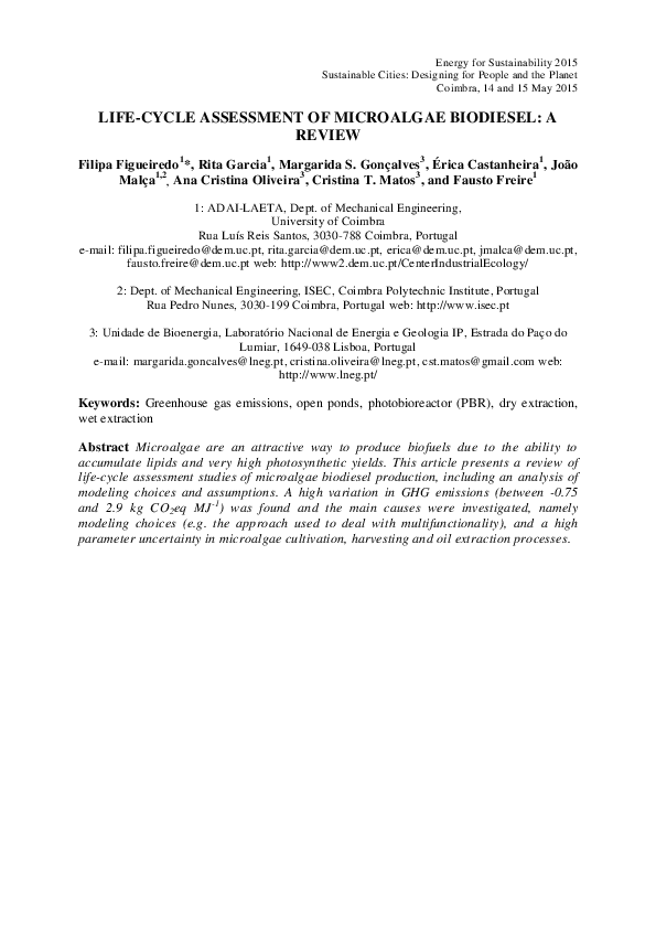 (PDF) Life-cycle assessment of microalgae biodiesel: a review | Rita Garcia - Academia.edu