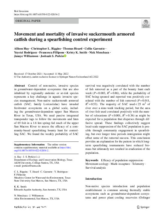 (PDF) Movement and mortality of invasive suckermouth armored catfish ...
