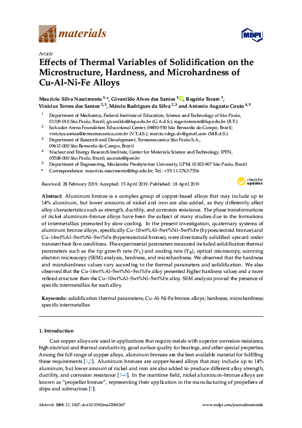 (PDF) Effects of Thermal Variables of Solidification on the Microstructure, Hardness, and ...