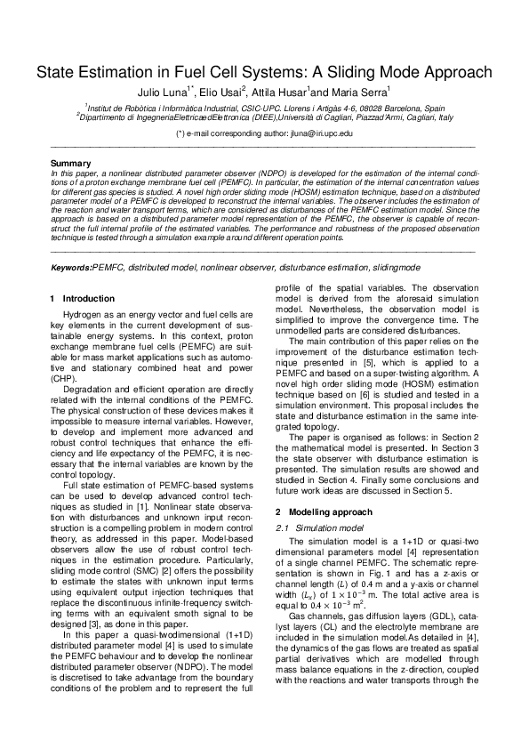 Pdf State Estimation In Fuel Cell Systems A Sliding Mode Approach