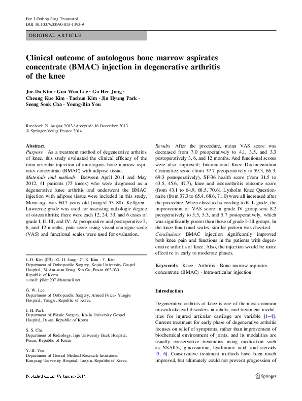 (PDF) Clinical outcome of autologous bone marrow aspirates concentrate ...