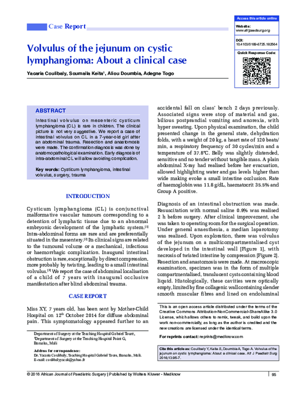 (PDF) Volvulus of the jejunum on cystic lymphangioma: About a clinical ...