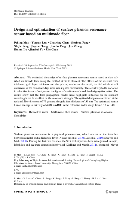 Pdf Design And Optimization Of Surface Plasmon Resonance Based Biosensor For The Detection Of
