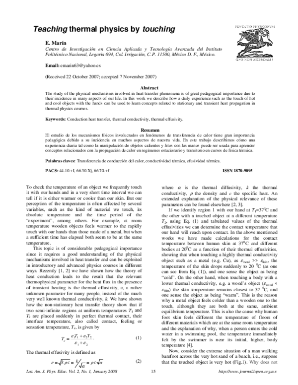 (PDF) Teaching thermal physics by touching
