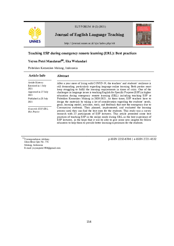 (PDF) Teaching ESP during emergency remote learning (ERL): Best practices