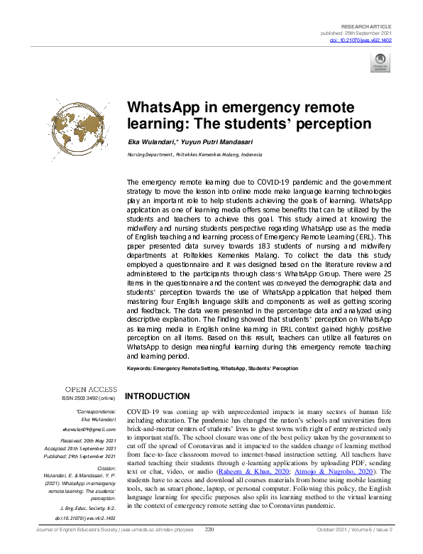 (PDF) WhatsApp in Emergency Remote Learning (The Students’ Perception) | Putri Mandasari ...