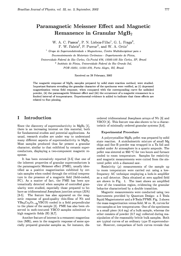 (PDF) Paramagnetic Meissner effect and magnetic remanence in granular MgB2 | wagner passos ...