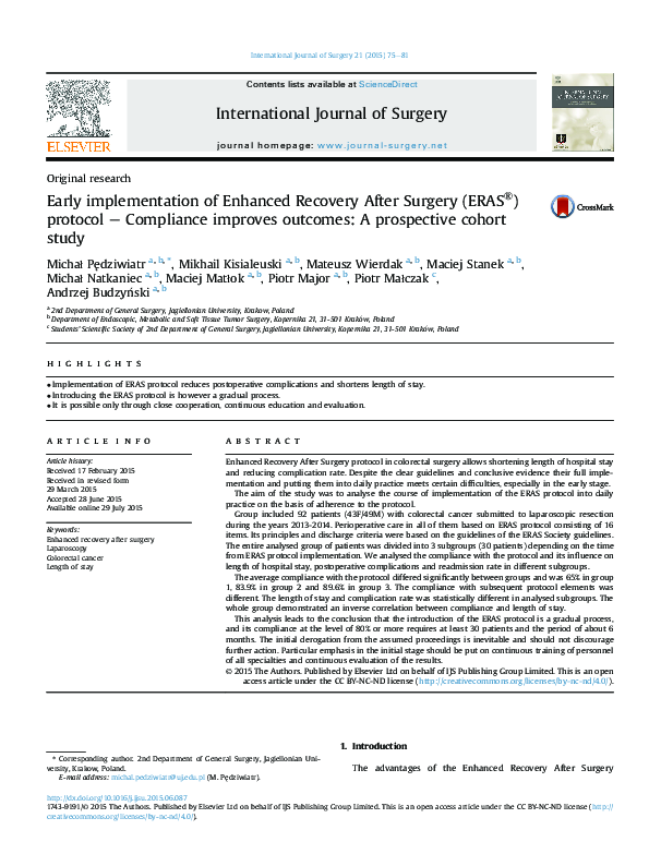 (PDF) Early implementation of Enhanced Recovery After Surgery (ERAS ...