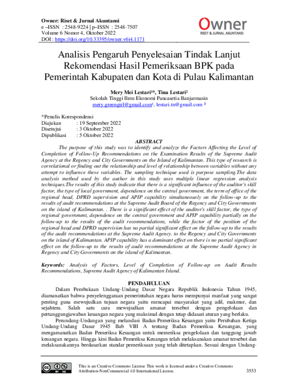 (PDF) Analisis Pengaruh Penyelesaian Tindak Lanjut Rekomendasi Hasil Pemeriksaan BPK pada ...