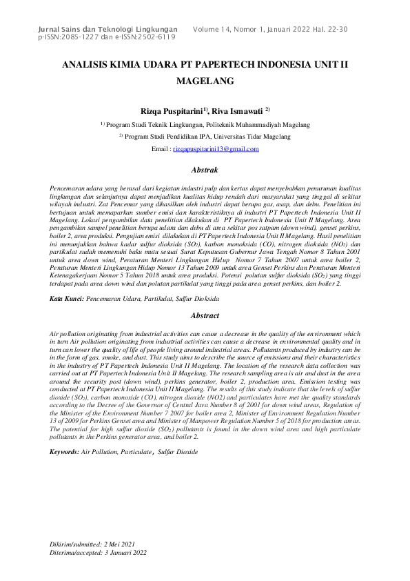 (PDF) Analisis Kimia Udara PT Papertech Indonesia Unit II Magelang