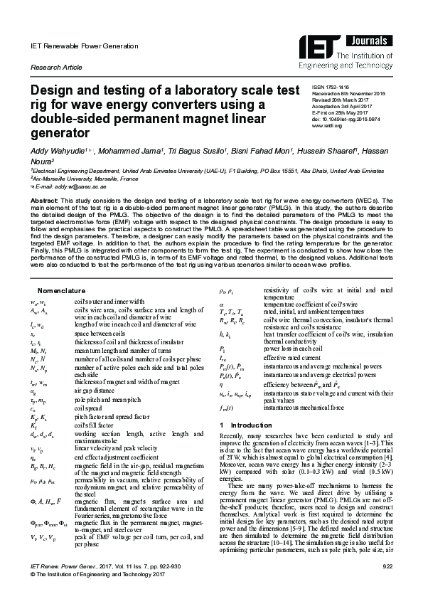 Pdf Design And Testing Of A Laboratory Scale Test Rig For Wave Energy Converters Using A