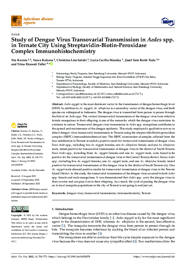 (PDF) Study of Dengue Virus Transovarial Transmission in Aedes spp. in ...