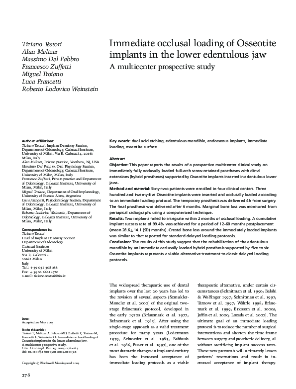(PDF) Immediate occlusal loading of Osseotite implants in the lower edentulous jaw. A ...