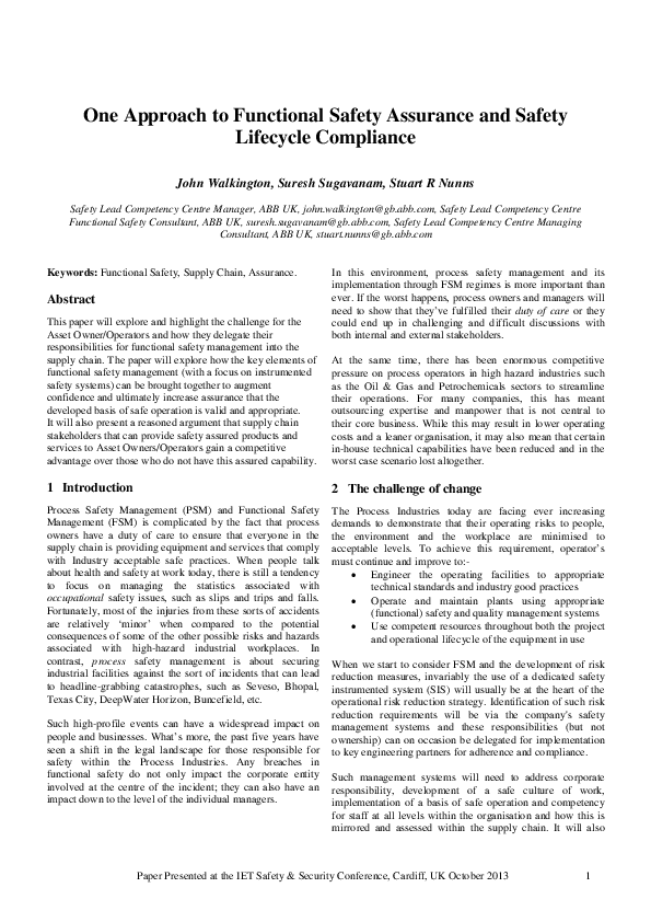 (PDF) One Approach to Functional Safety Assurance and Safety Lifecycle ...