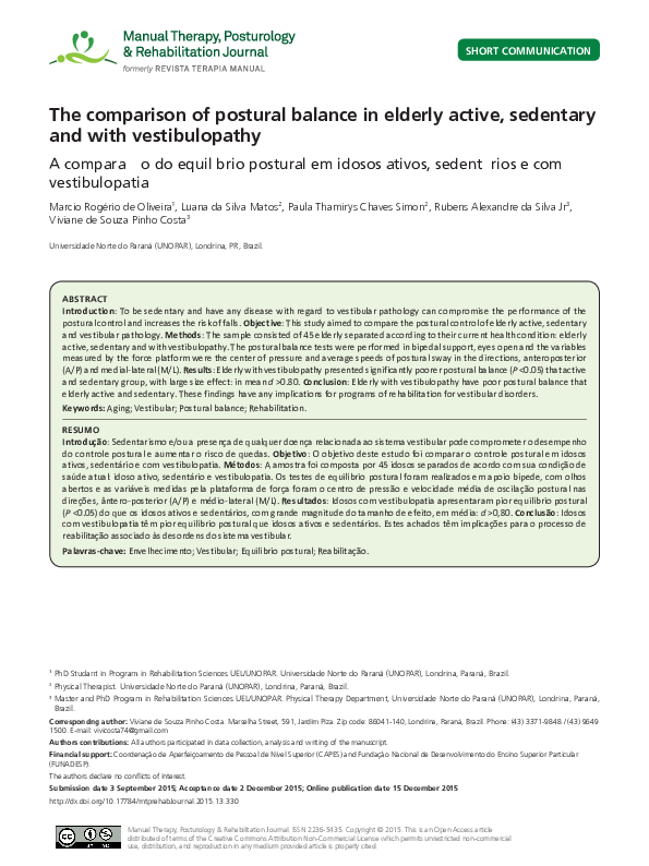 (PDF) The comparison of postural balance in elderly active, sedentary ...
