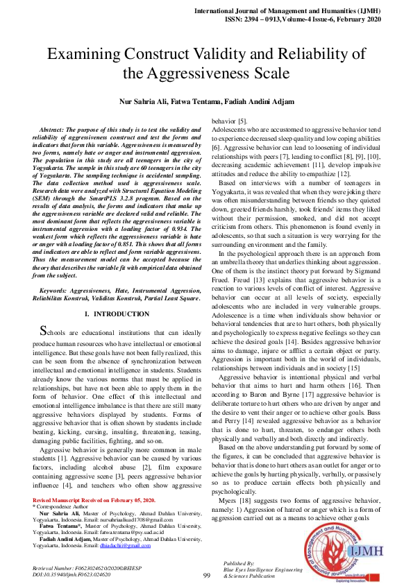 (PDF) Examining Construct Validity and Reliability of the Aggressiveness Scale