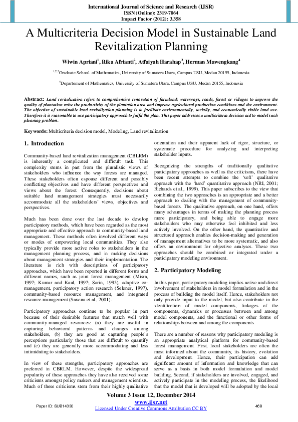 (PDF) A Multicriteria Decision Model in Sustainable Land Revitalization Planning | Rika Afrianti ...