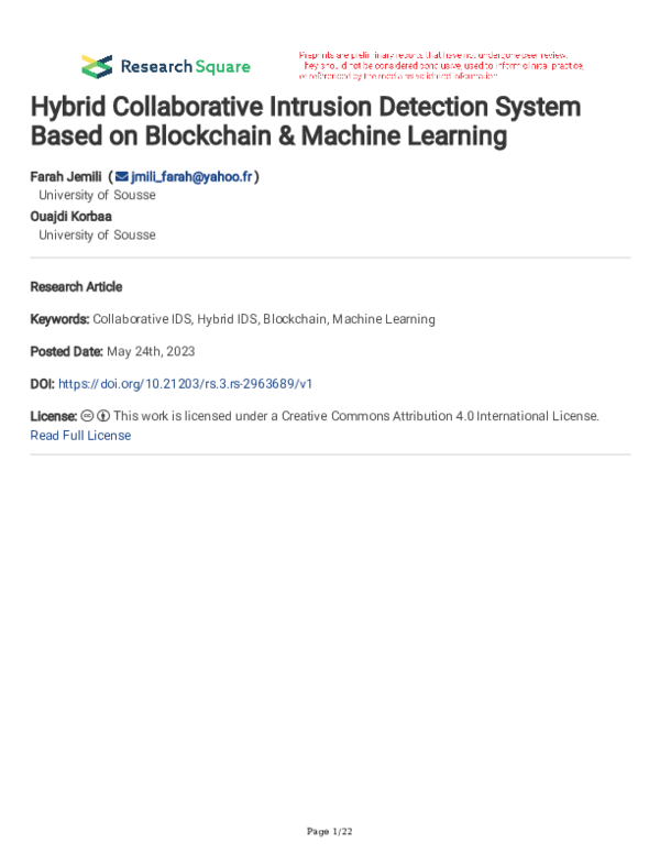 Pdf Hybrid Collaborative Intrusion Detection System Based On Blockchain And Machine Learning