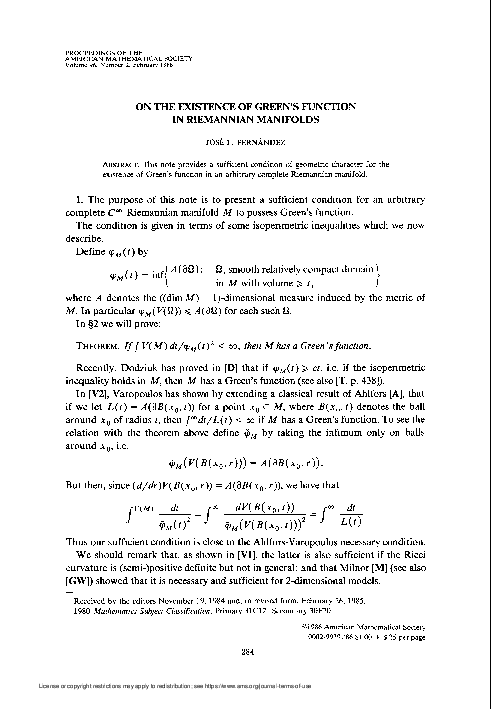 (PDF) On the existence of Green’s function in Riemannian manifolds