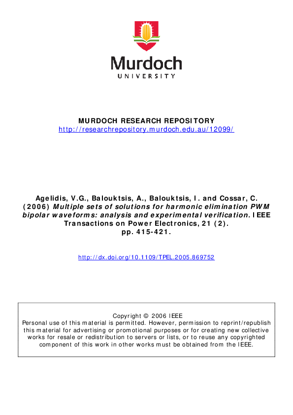 (PDF) Multiple sets of solutions for harmonic elimination PWM bipolar waveforms: analysis and ...