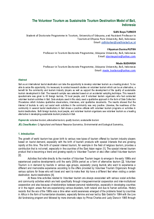 (PDF) The Volunteer Tourism as Sustainable Tourism Destination Model of ...