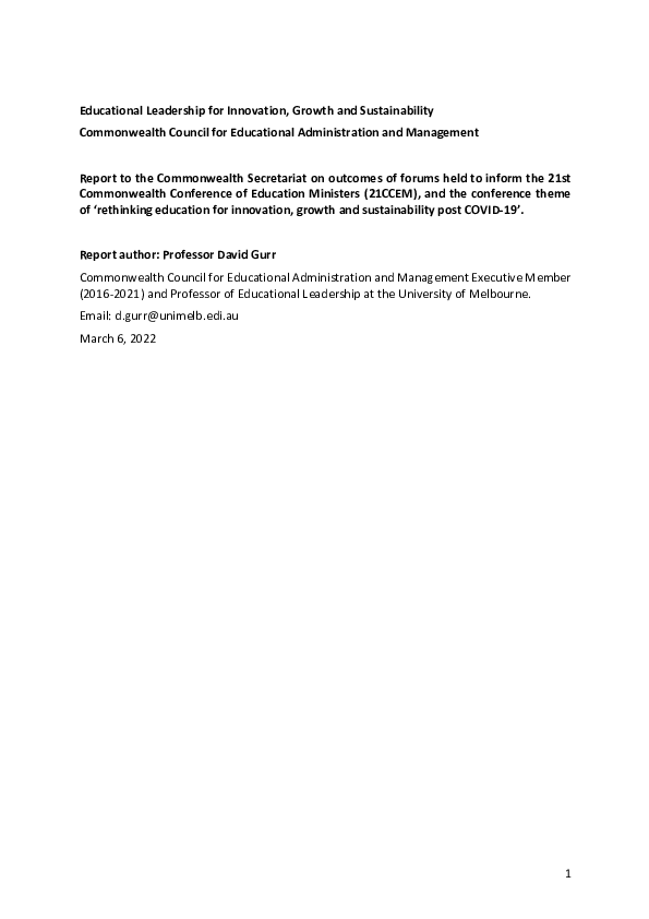 (PDF) Gurr, D. (2022) CCEAM EDUCATIONAL LEADERSHIP FOR INNOVATION Final ...