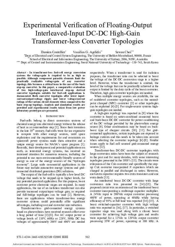 Pdf Experimental Verification Of Floating Output Interleaved Input Dc Dc High Gain Transformer