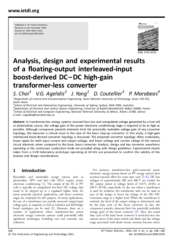 Pdf Analysis Design And Experimental Results Of A Floating Output Interleaved Input Boost