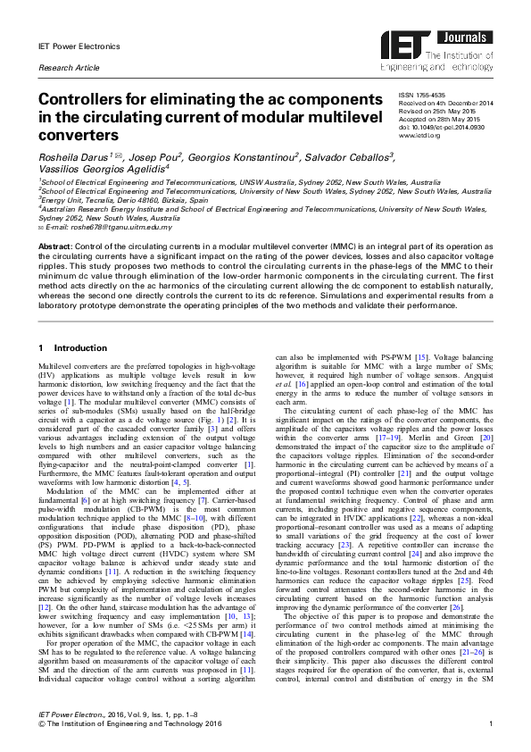Pdf Controllers For Eliminating The Ac Components In The Circulating Current Of Modular