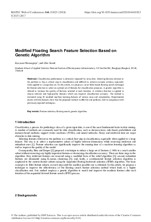 Pdf Modified Floating Search Feature Selection Based On Genetic Algorithm