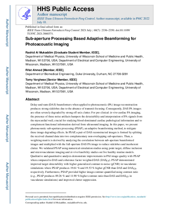 Pdf Subaperture Processing Based Adaptive Beamforming For Photoacoustic Imaging Rifat Ahmed