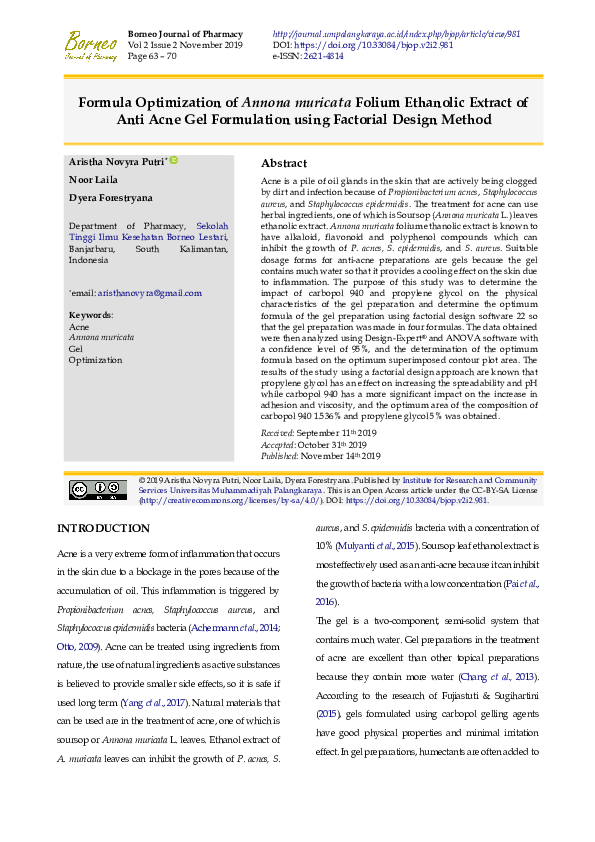 Pdf Optimizing Anti Acne Gel With Soursop Extract