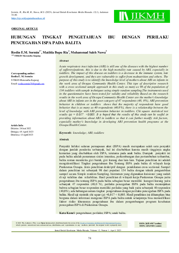 (PDF) Hubungan Tingkat Pengetahuan Ibu Dengan Perilaku Pencegahan Ispa Pada Balita